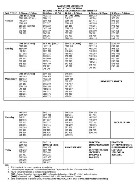 2024 2025 First Semester Lecture Time Table | PDF