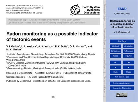 Pdf Radon Monitoring As A Possible Indicator Of Tectonic Events A