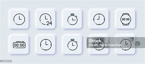 Clock Neomorphic Line Icons Set Editable Stroke Neomorphism Timer