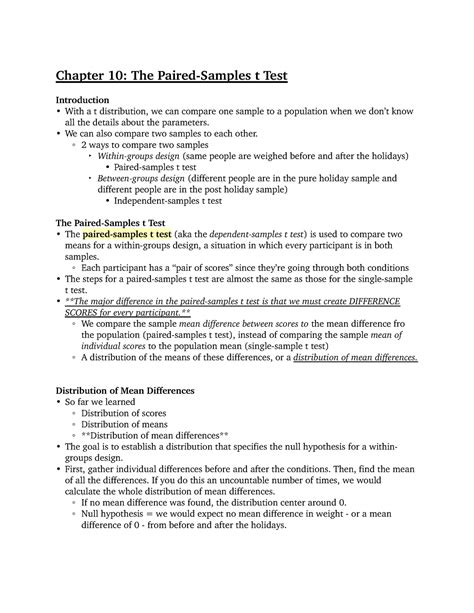 Behavioral Stats Textbook Chapter 10 Notes Chapter 10 The T Test Introduction With A T Studocu