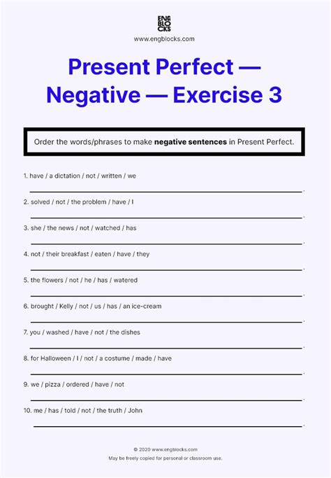 Present Perfect Negative Exercise 3 Worksheet