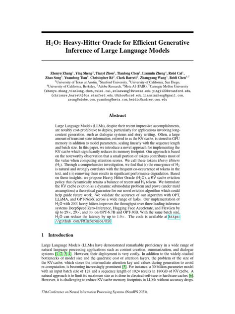 H2o Heavy Hitter Oracle For Efficient Generative Inference Of Large