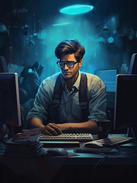 A Man In Glasses Sits In Front Of A Computer With A Monitor Showing A Computer Screen With A Man