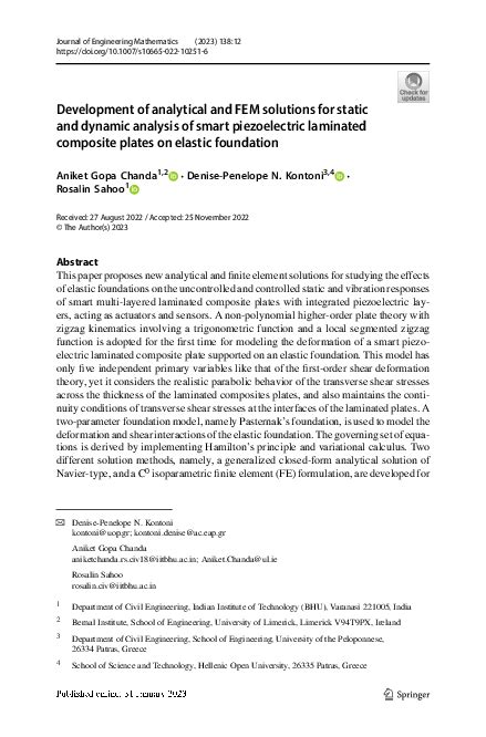 Pdf Development Of Analytical And Fem Solutions For Static And Dynamic Analysis Of Smart