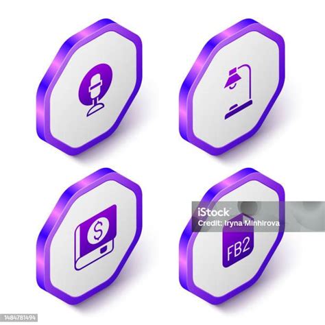 아이소메트릭 마이크 테이블 램프 재무 장부 및 Fb2 파일 아이콘을 설정합니다 보라색 육각형 버튼 벡터 0명에 대한 스톡 벡터 아트 및 기타 이미지 Istock