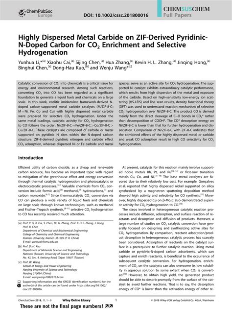 Pdf Highly Dispersed Metal Carbide On Zif Derived Pyridinic N Doped