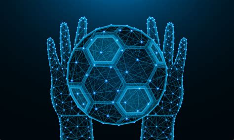 손과 축구 공 낮은 폴리 디자인 축구 다각형 스타일의 스포츠 게임 캐치 또는 어두운 파란색 배경에 포인트와 선으로 만든 볼