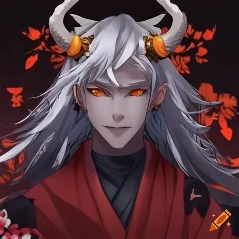 Anime Male Oni With Long White Hair Orange Eyes And Ornate Horns In Kimono On Craiyon