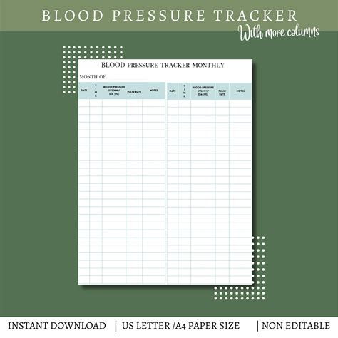 Blood Pressure Log Printable Tracker Monthly Blood Pressure Chart