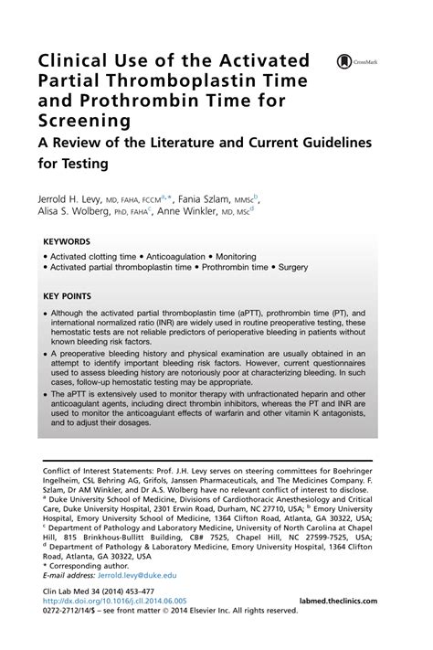 Pdf Clinical Use Of The Activated Partial Thromboplastin Time And
