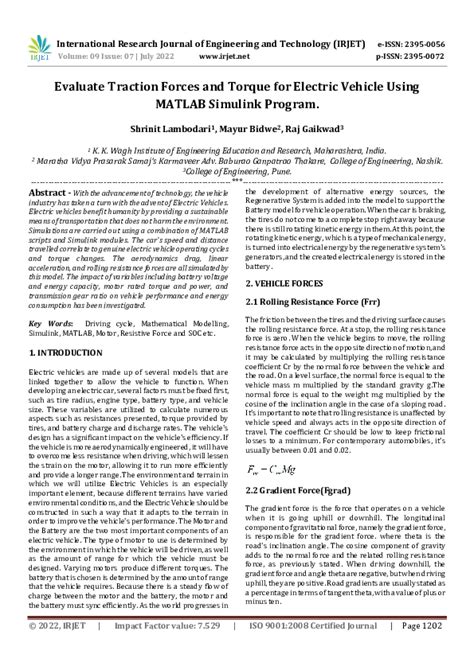 Pdf Evaluate Traction Forces And Torque For Electric Vehicle Using Matlab Simulink Program
