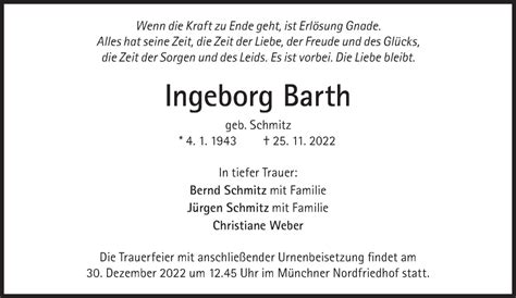 Traueranzeigen Von Ingeborg Barth Sz Gedenkende