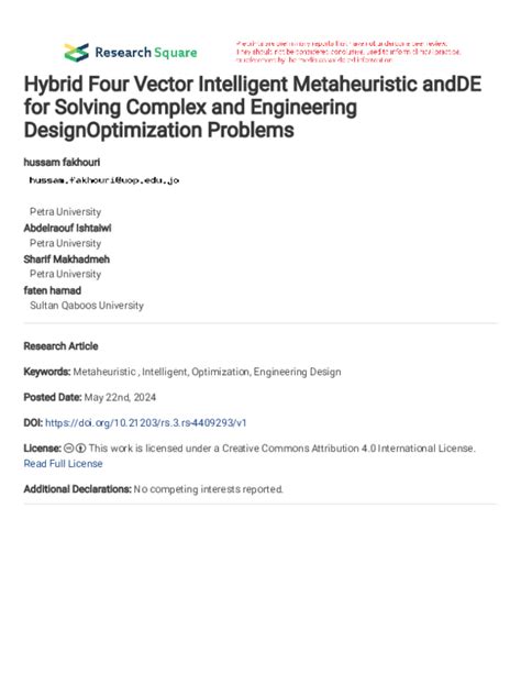 Pdf Hybrid Four Vector Intelligent Metaheuristic Andde For Solving Complex And Engineering