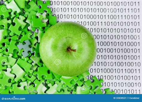 Green Apple And Puzzles On Binary Code Stock Image Image Of Physics