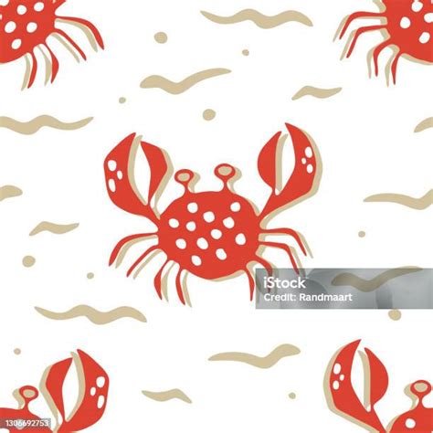 흰색 배경에 붉은 게와 원활한 벡터 패턴 간단한 바다 생활 벽지 디자인 장식 수중 패션 직물 갈고리 발톱에 대한 스톡 벡터 아트 및 기타 이미지 Istock