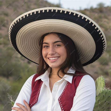 Beautiful Young Smiling Mexican Woman Wearing A Mexican Sombrero Hat