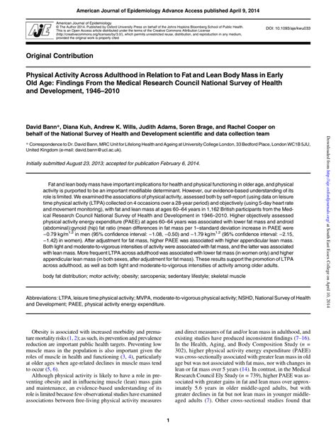 Pdf Physical Activity Across Adulthood In Relation To Fat And Lean Body Mass In Early Old Age