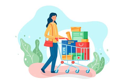 긴 머리 가방 및 쇼핑 트롤리 평면 젊은 아름 다운 여자 집에 갑니다 쇼핑에 대한 스톡 벡터 아트 및 기타 이미지 쇼핑 소매 소비자주의 한 명의 여자만 Istock