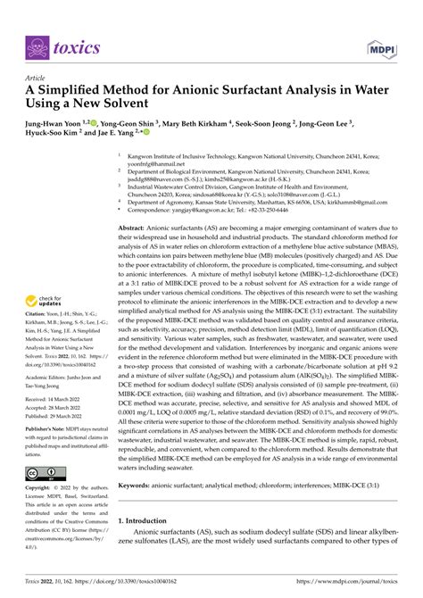 Pdf A Simplified Method For Anionic Surfactant Analysis In Water Using A New Solvent