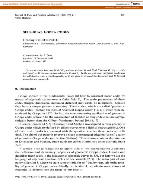 Self Dual Goppa Codes H Stichtenoth Pdf Field Mathematics