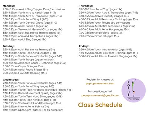 Class Schedule Pop Up Movement Class Schedule Pop Up Movement