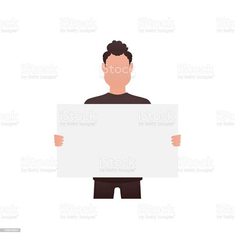 체격이 강한 사람은 허리 깊숙이 서서 광고를위한 빈 공간을 손에 쥐고 있습니다 격리 만화 스타일 개념에 대한 스톡 벡터 아트 및 기타 이미지 Istock