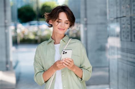 Photo Of Gorgeous Adorable Girl In City Center Writing Answer Telegram Chat Walking Alone Autumn
