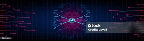 Hud 원자 미래 파노라마 배경 전자 금속 코어와 숫자 미래의 공상 과학 Fi 인터넷 기술 및 비즈니스 인터페이스 배경 서클