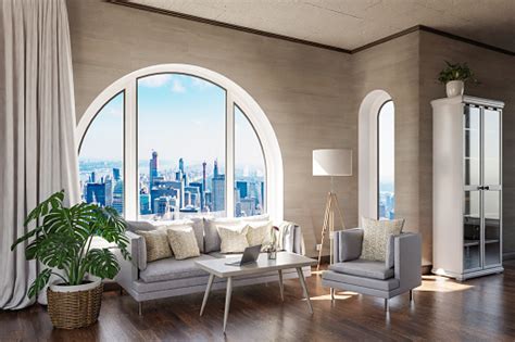아치형 창문과 도심의 파노라마 전망을 자랑하는 고급스러운 로프트 아파트입니다 고귀한 인테리어 거실 디자인 모형 3d 그림 0명에 대한 스톡 사진 및 기타 이미지 Istock