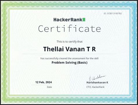 Earned Problem Solving Certificate From Hackerrank Thellai Vanan T R