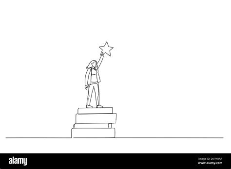 Drawing Of Businesswoman Reach Out For The Stars By Using Books As The