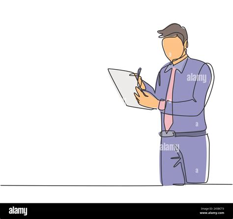 One Continuous Line Drawing Of Young Serious Male Manager Standing And