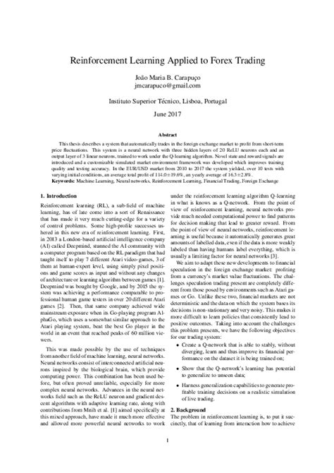 Pdf Reinforcement Learning Applied To Forex Trading