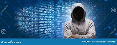 anonymous hacker with computer code binary interface stock image