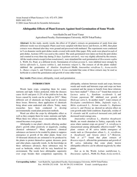 Pdf Allelopathic Effects Of Weed Extracts Against Seed Germination Of