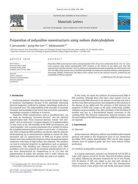 Pdf Preparation Of Polyaniline Nanostructures Using Sodium Dodecylsulphate