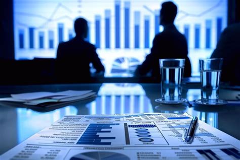 Business Meeting With Operations Benchmarking Analysis Displayed Against A Blurred Stock Graph