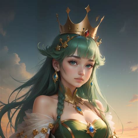 왕관과 녹색 드레스를 입고 녹색 머리를 가진 여자 Seaart Ai