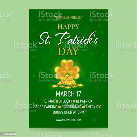 성 패트릭의 날에 대한 수직 초대 성 패트릭의 날 파티 전단지 템플릿입니다 금과 토끼풀이 있는 배경 벡터 그림입니다 3월에 대한 스톡 벡터 아트 및 기타 이미지 Istock