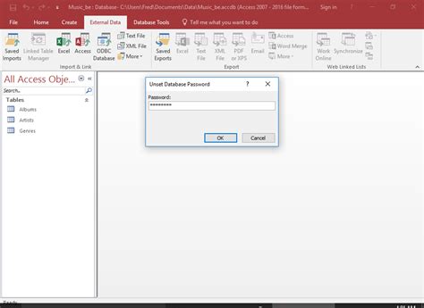 remove a password from a database in access 2016