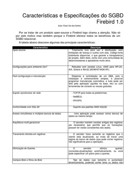 Características E Especificações Do Sgbd Firebird 1 0 Pdf Bancos De Dados Servidor