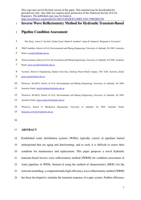 Pdf Inverse Wave Reflectometry Method For Hydraulic Transient Based