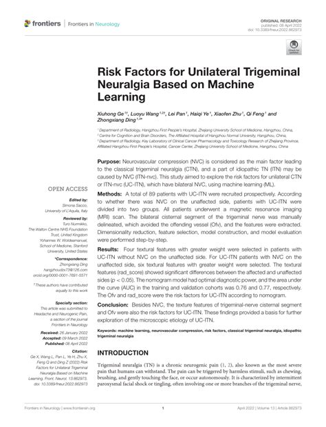 Pdf Risk Factors For Unilateral Trigeminal Neuralgia Based On Machine