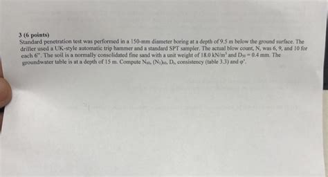 Solved 3 6 Points Standard Penetration Test Was Performed Chegg Com