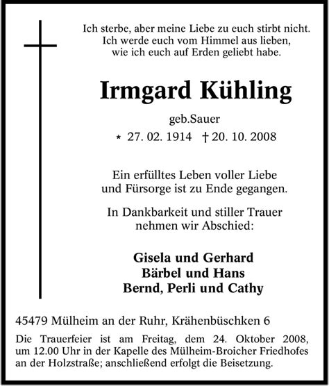 Traueranzeigen Von Irmgard Kühling Trauer In Nrw De