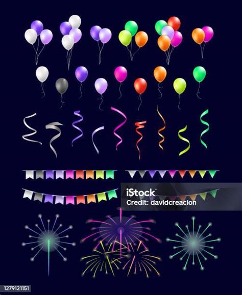 검은 배경에 현실적인 고립 된 다채로운 풍선과 스트리머의 집합 격리된 벡터 요소 3차원 형태에 대한 스톡 벡터 아트 및 기타 이미지 3차원 형태 개체 그룹 공란