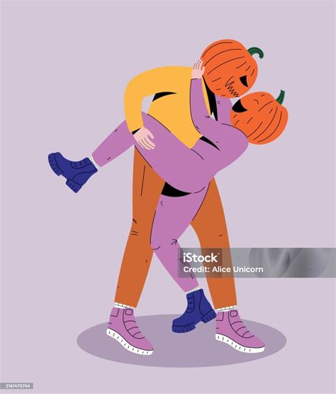 춤추는 호박 머리 커플 할로윈 파티 의상 잭오랜턴 장난스럽고 기발하며 인사말 카드 포스터 및 소셜 미디어에 적합합니다 모던한 플랫 디자인 10월에 대한 스톡 벡터 아트 및