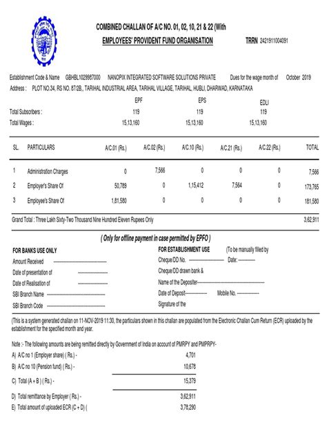 October 2019 Pf Challan Pdf Rupee Banking