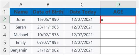 how to calculate age in microsoft excel for the entire column