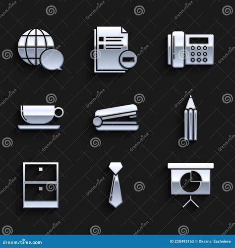 Set Office Stapler Schedule Chart Diagram Infographic Pie Graph Pencil Archive Papers